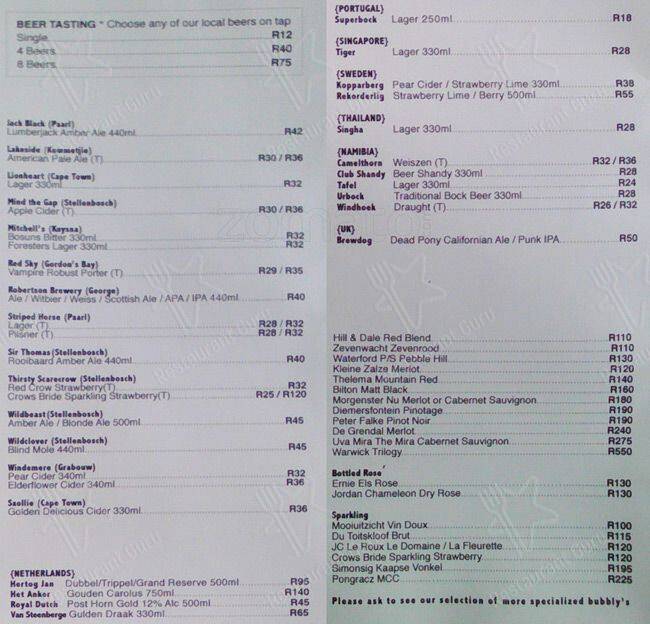 Menu at Thirsty Scarecrow pub & bar, Stellenbosch