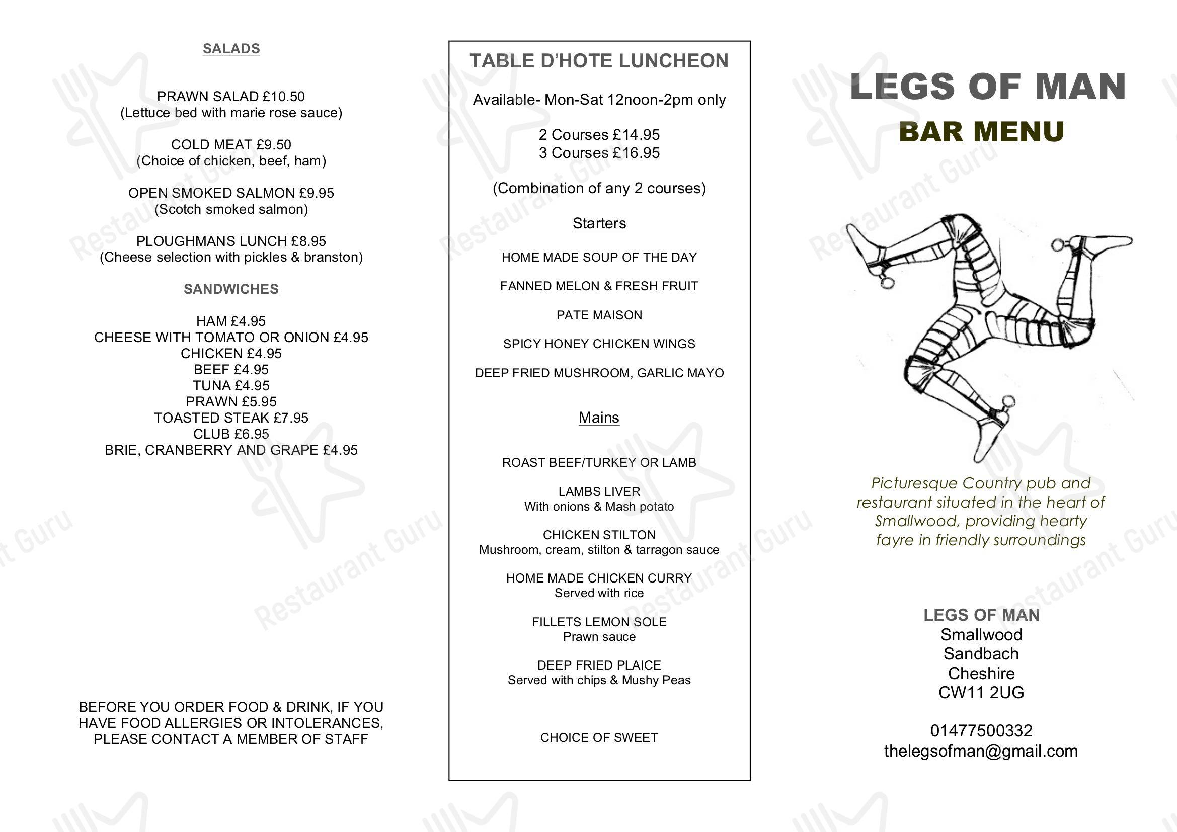Menu at Legs Of Man pub & bar, Sandbach