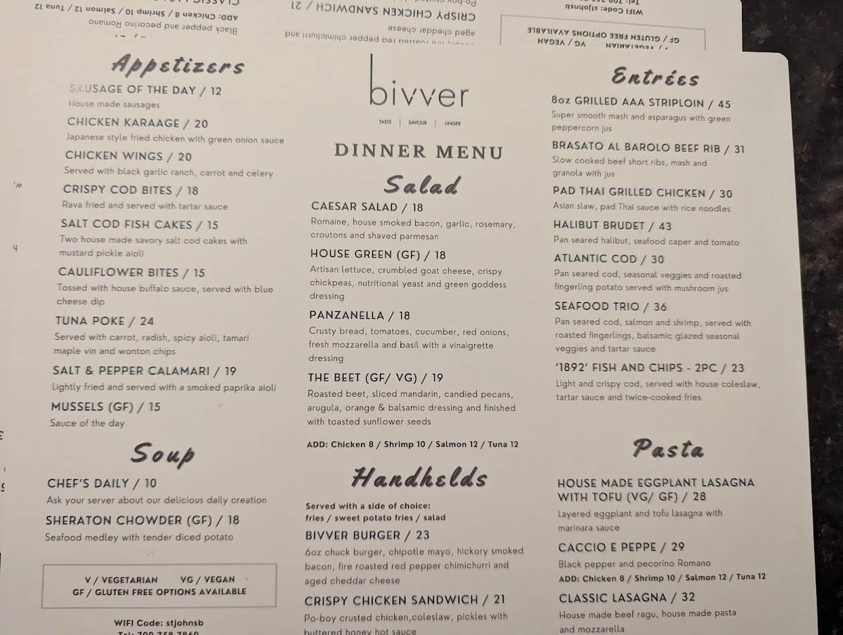 Menu at bivver pub & bar, St. John's