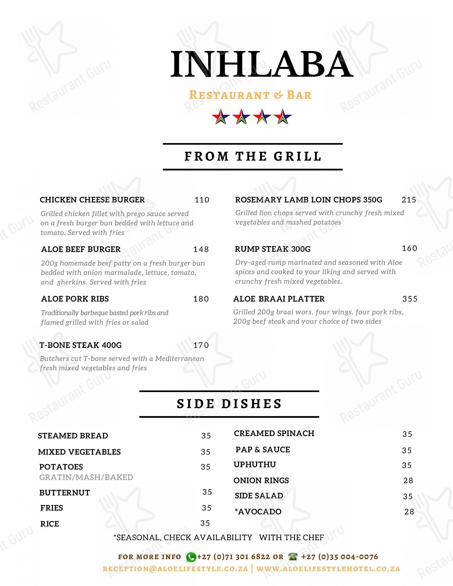 Menu at Aloe Lifestyle Hotel restaurant, Eshowe