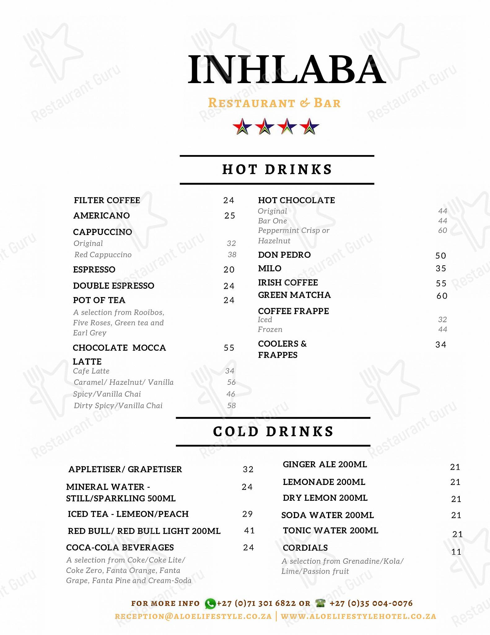 Menu at Aloe Lifestyle Hotel restaurant, Eshowe