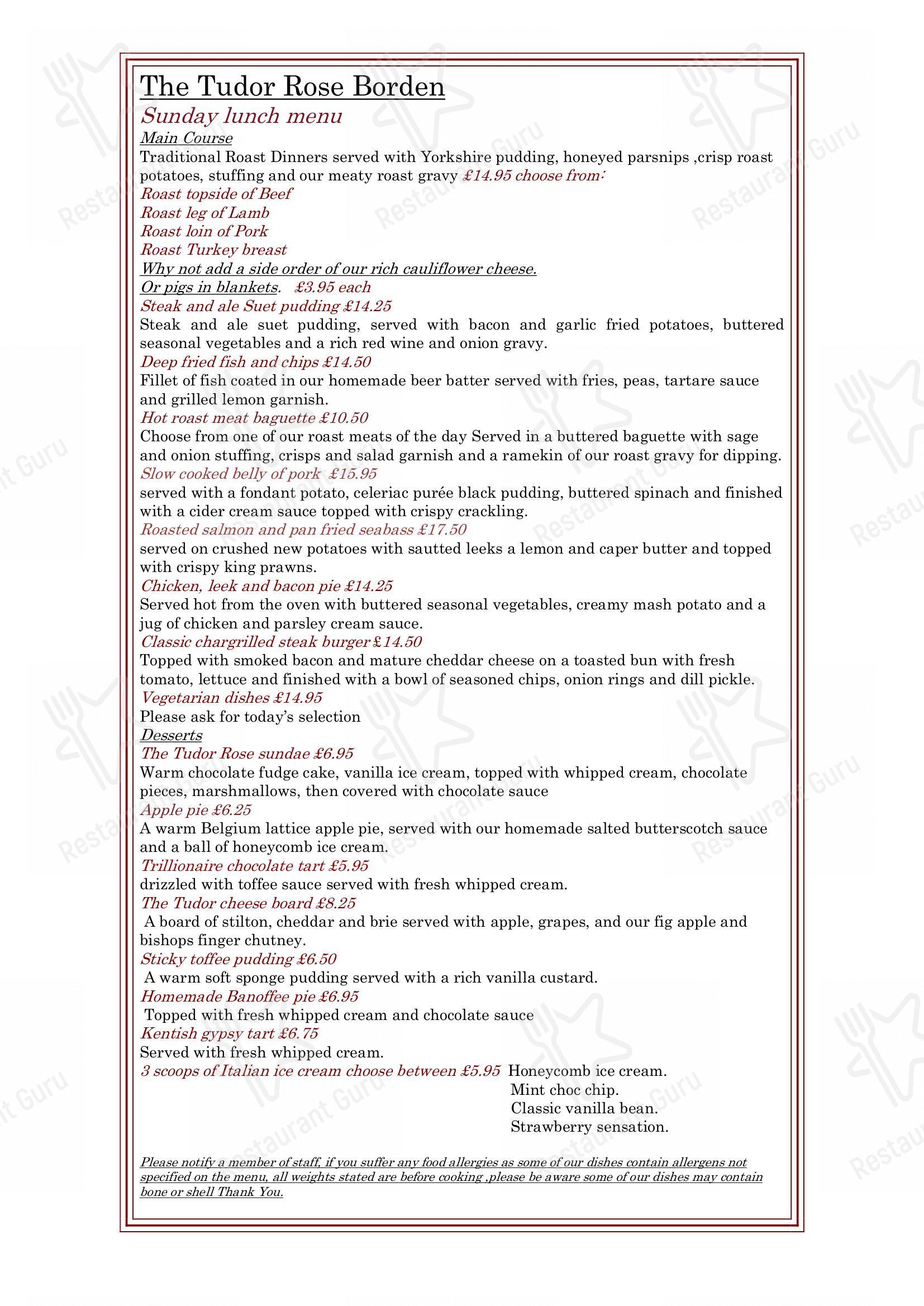 Menu at Tudor Rose pub & bar, Sittingbourne