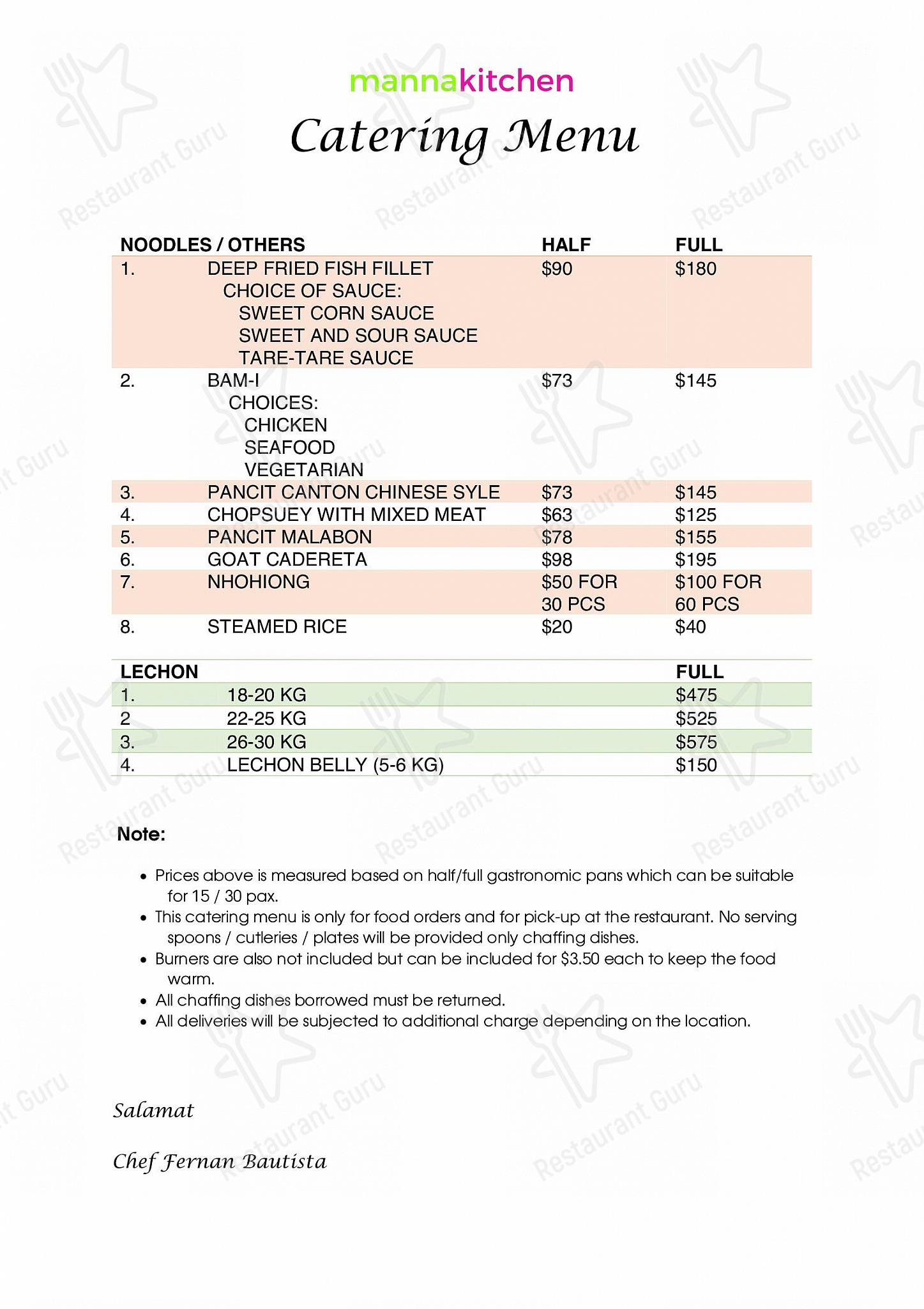 Menu at Manna Kitchen restaurant, Auckland, 244 Onehunga Mall