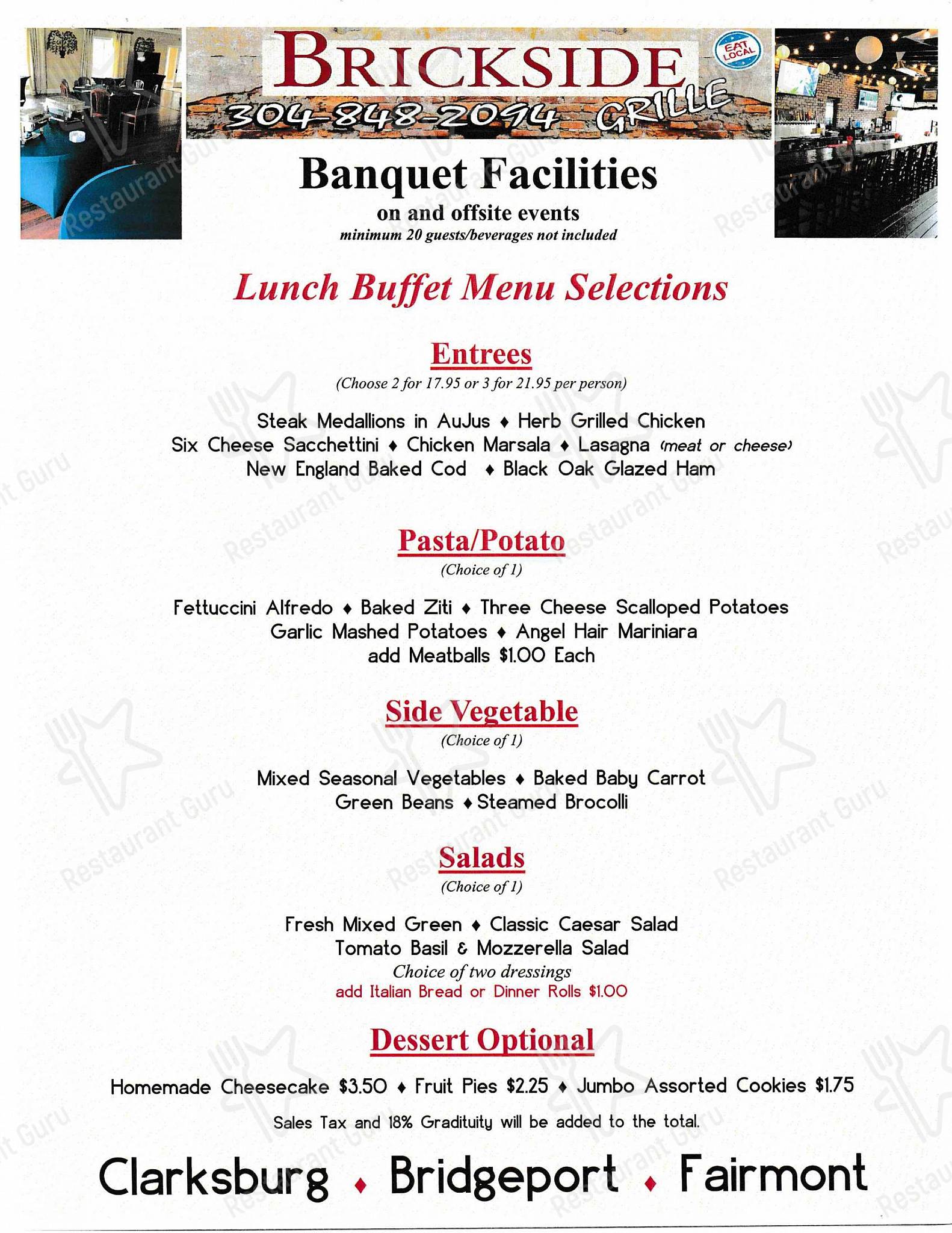 Menu at Brickside on the Green restaurant, Fairmont