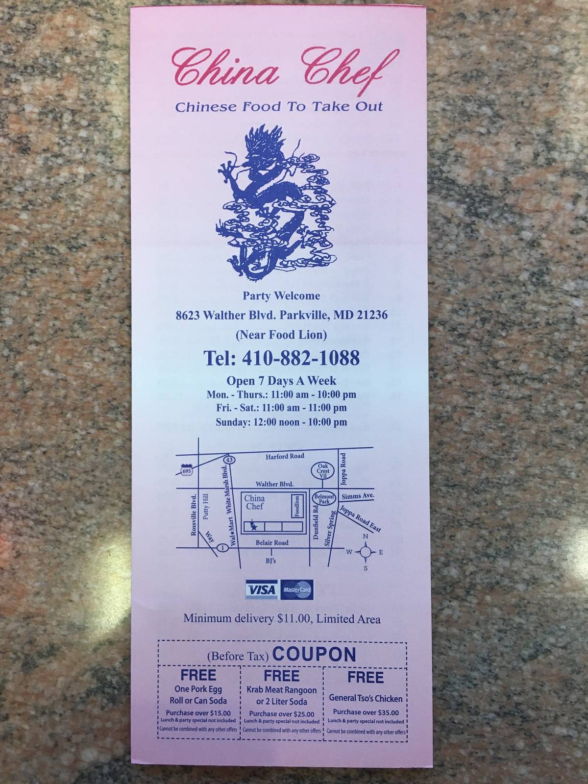 Menu at china chef restaurant, Carney, Walther Blvd