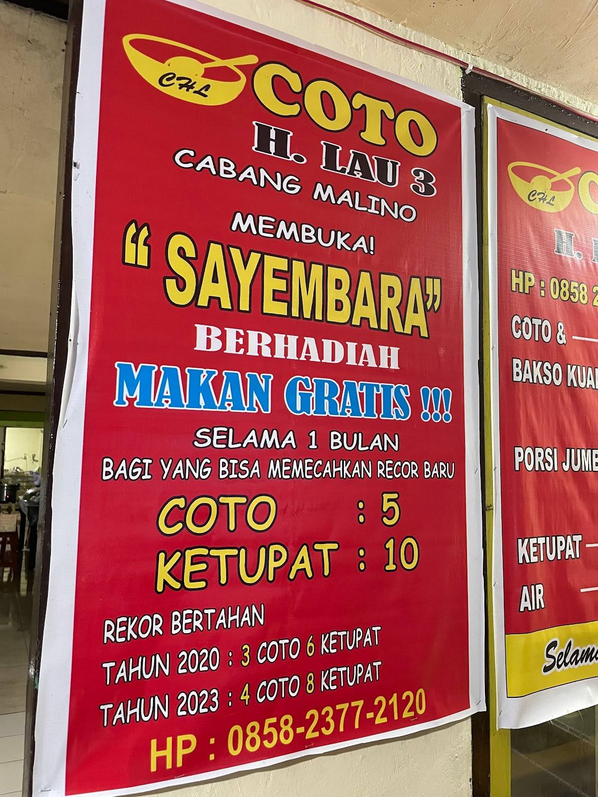 Menu at coto H.LAU3 restaurant, Indonesia