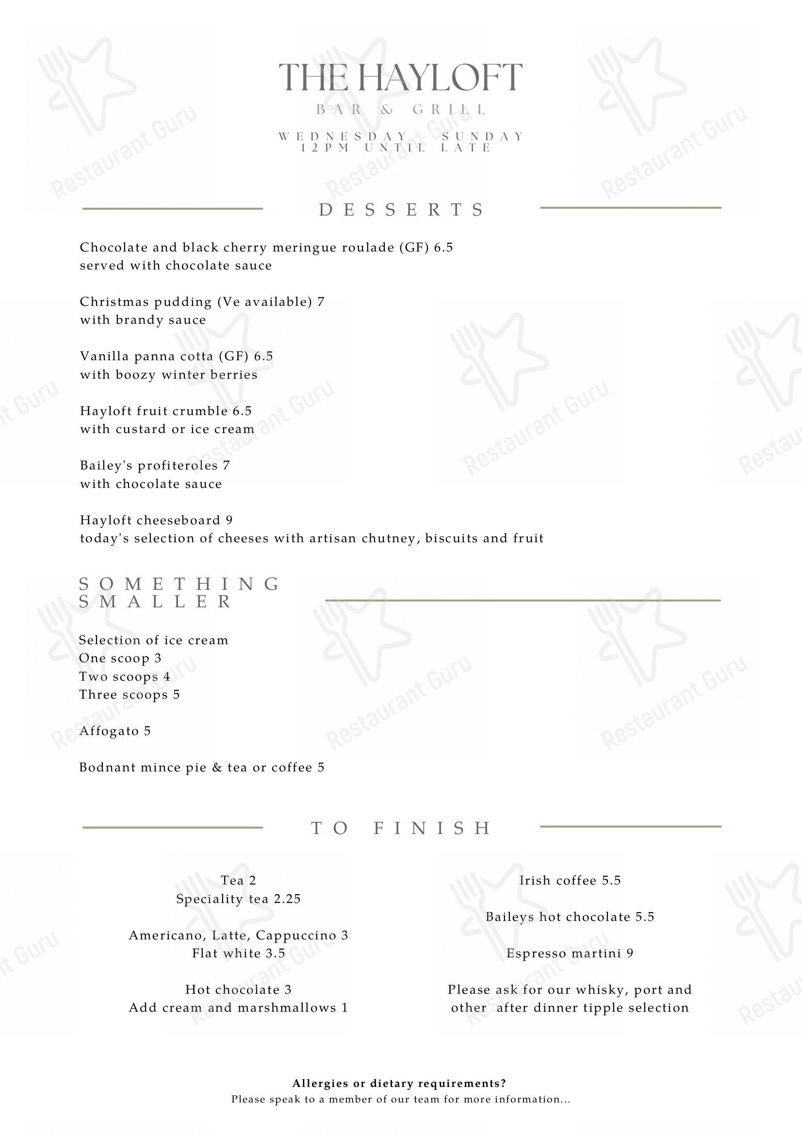 Menu at The Hayloft Restaurant, Tal-y-cafn, Bodnant Welsh Food Centre