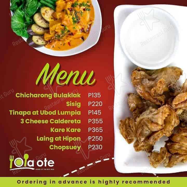Menu at Lola Ote Restaurant, Quezon City, 24 Sgt. Esguerra Ave