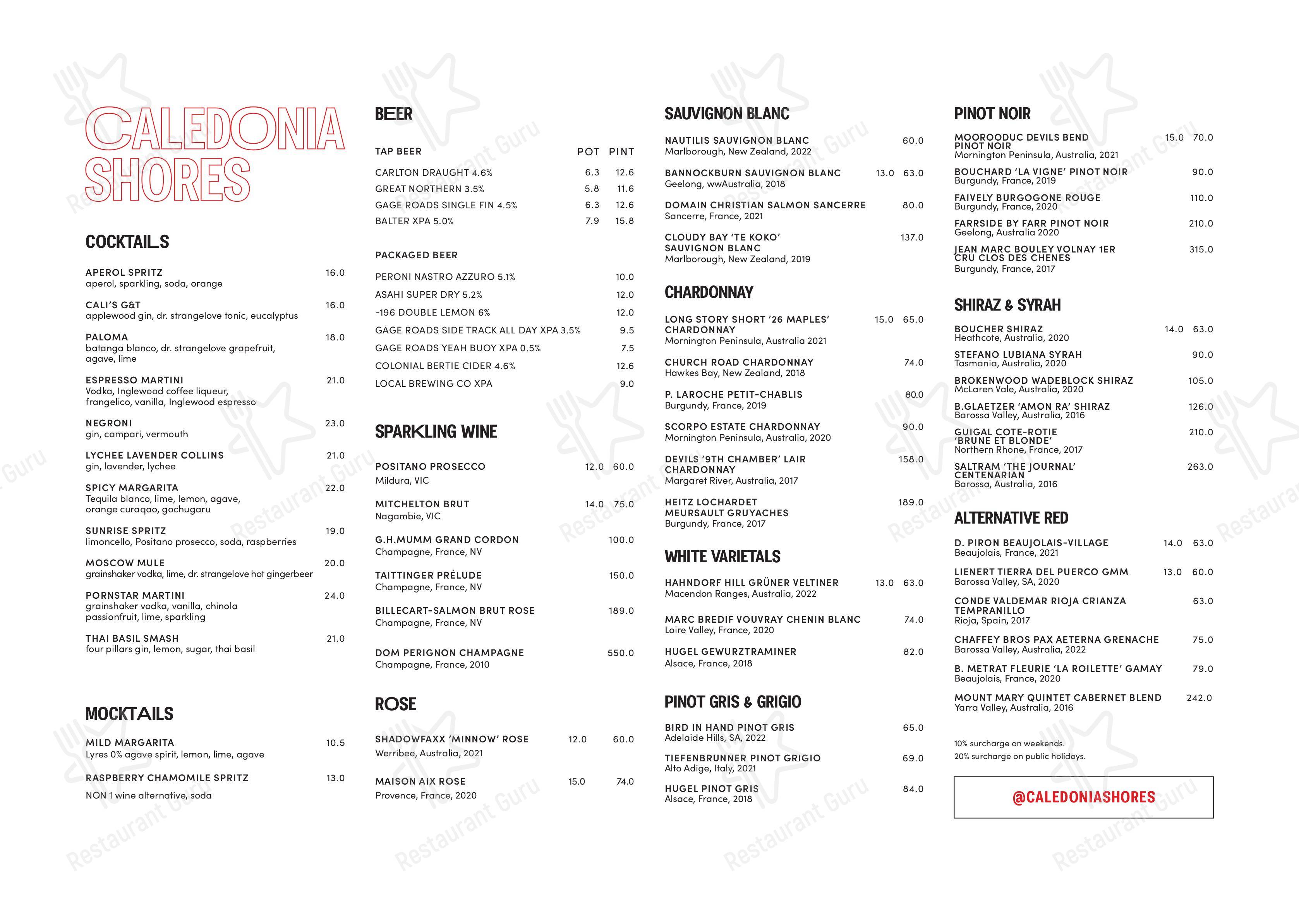 Menu at Caledonia Shores restaurant, Geelong