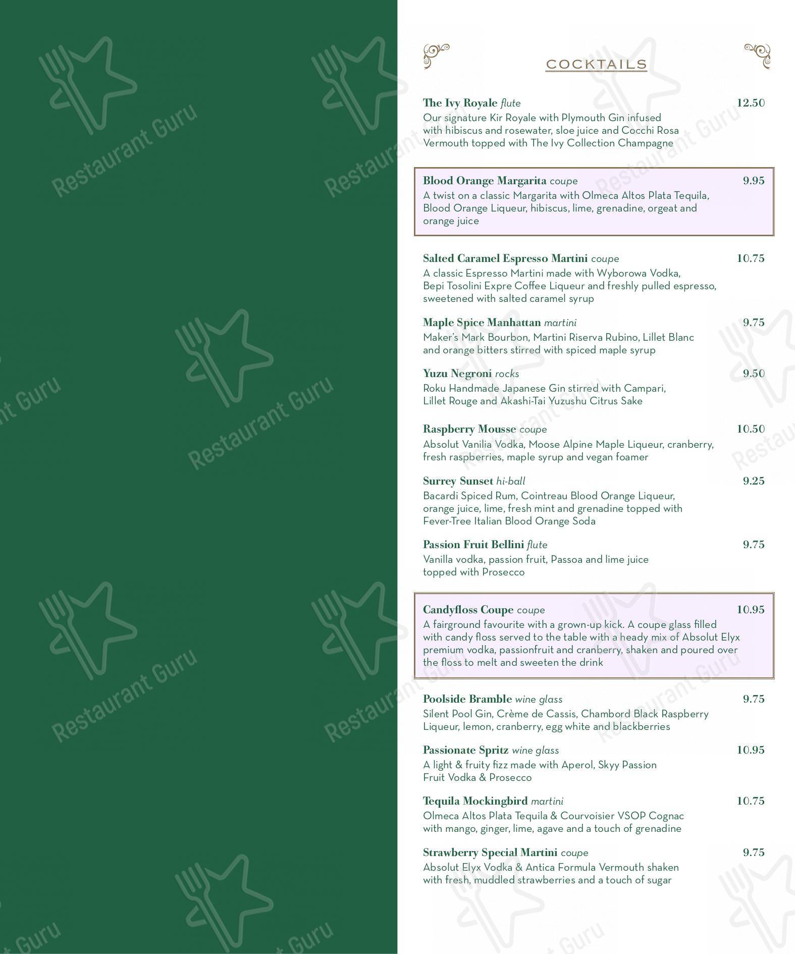 Menu at The Ivy Cobham Garden restaurant, Cobham
