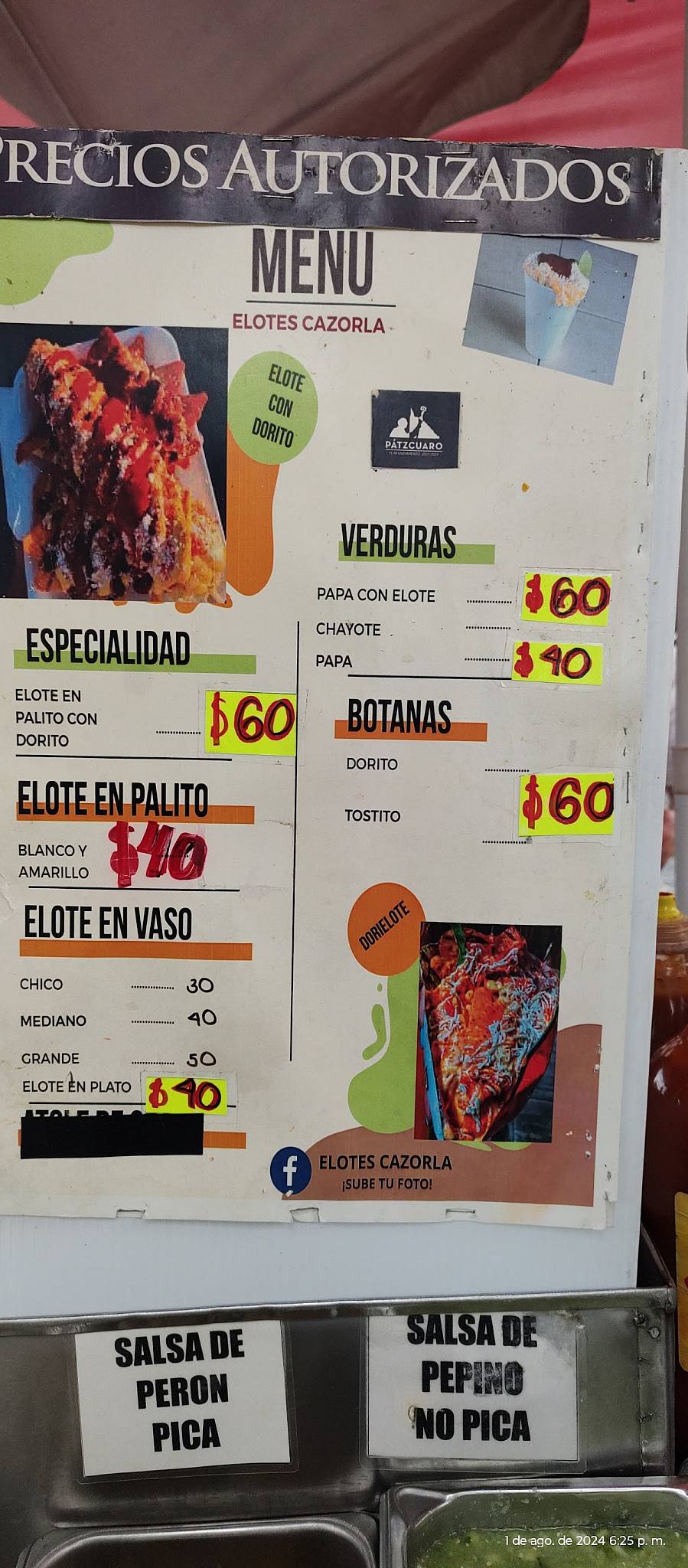 Menu at elotes cazorla restaurant, Pátzcuaro