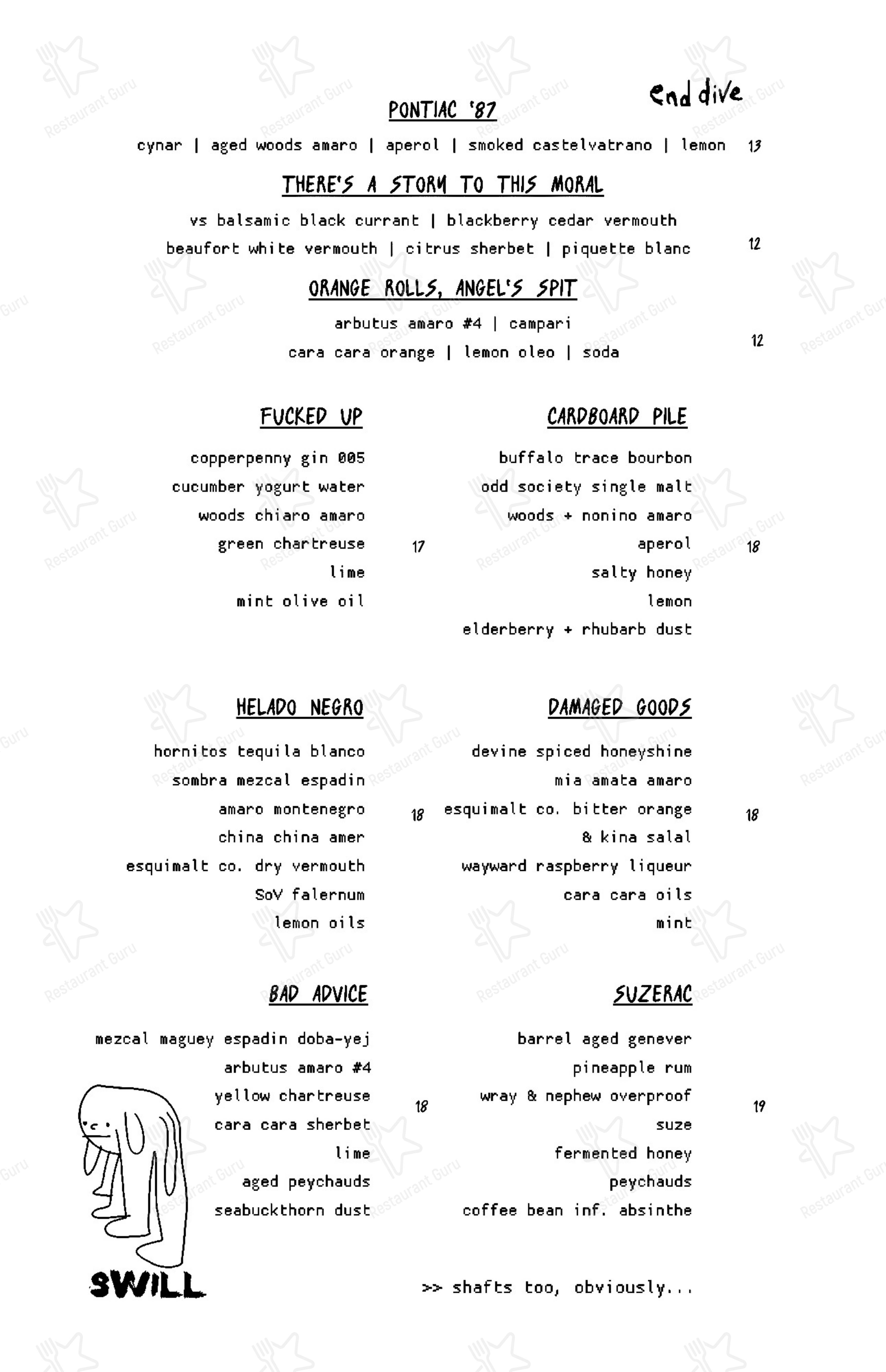 Menu at end dive pub & bar, Victoria