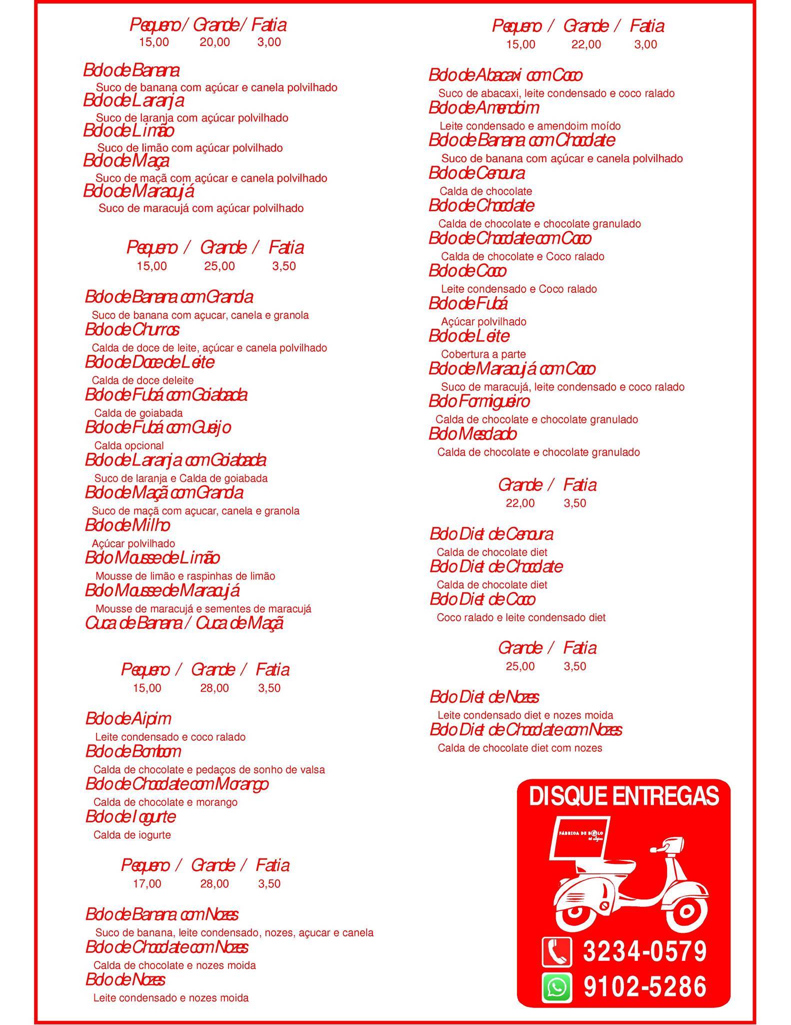 Menu em fabrica de bolo vó Alzira café, São José