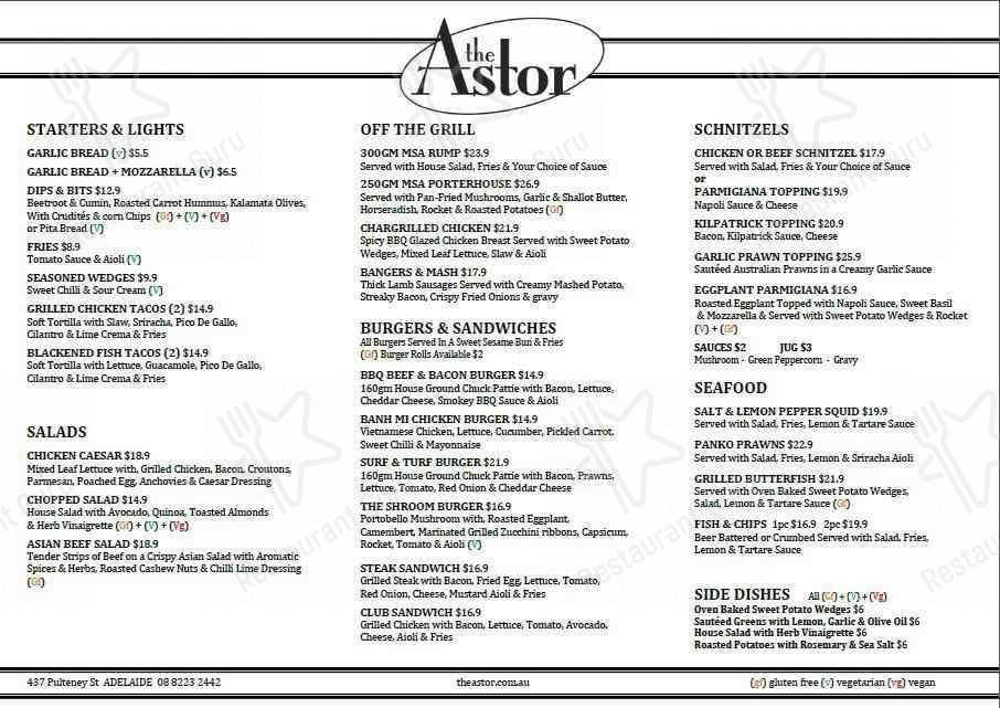Menu at The Astor Hotel restaurant, Adelaide