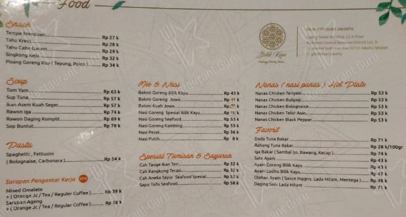 Menu at Bilik Kopi cafe, Jakarta, Sahid Sudirman Center