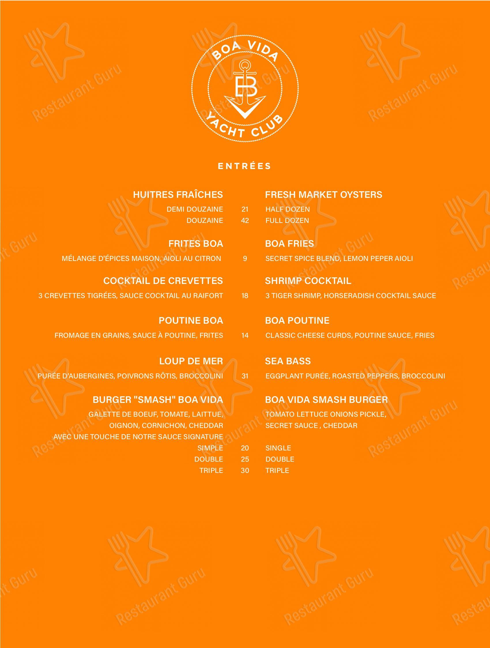 Menu au Boa Vida Day Club, Montréal