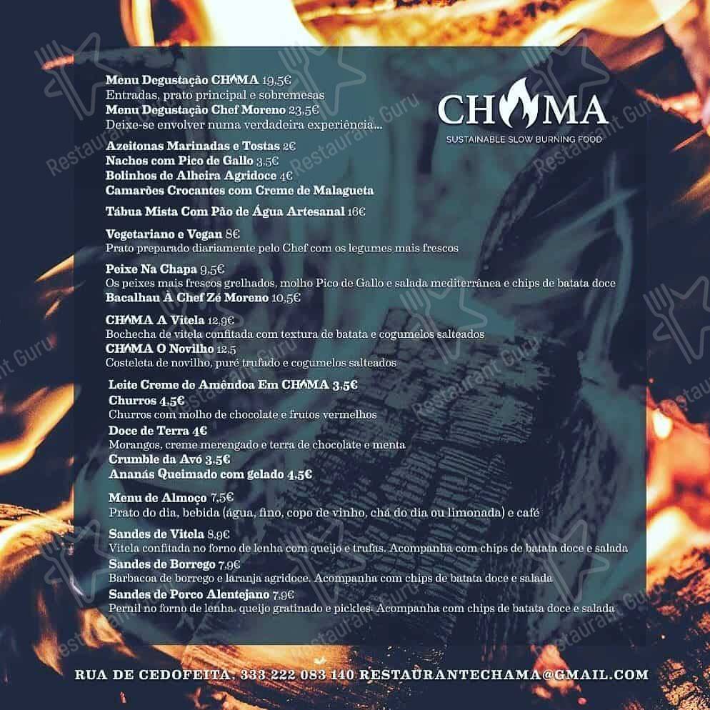 Menu at Chama restaurant, Porto