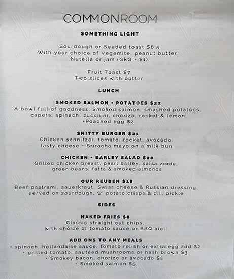 Menu at Common Room. cafe, Ringwood