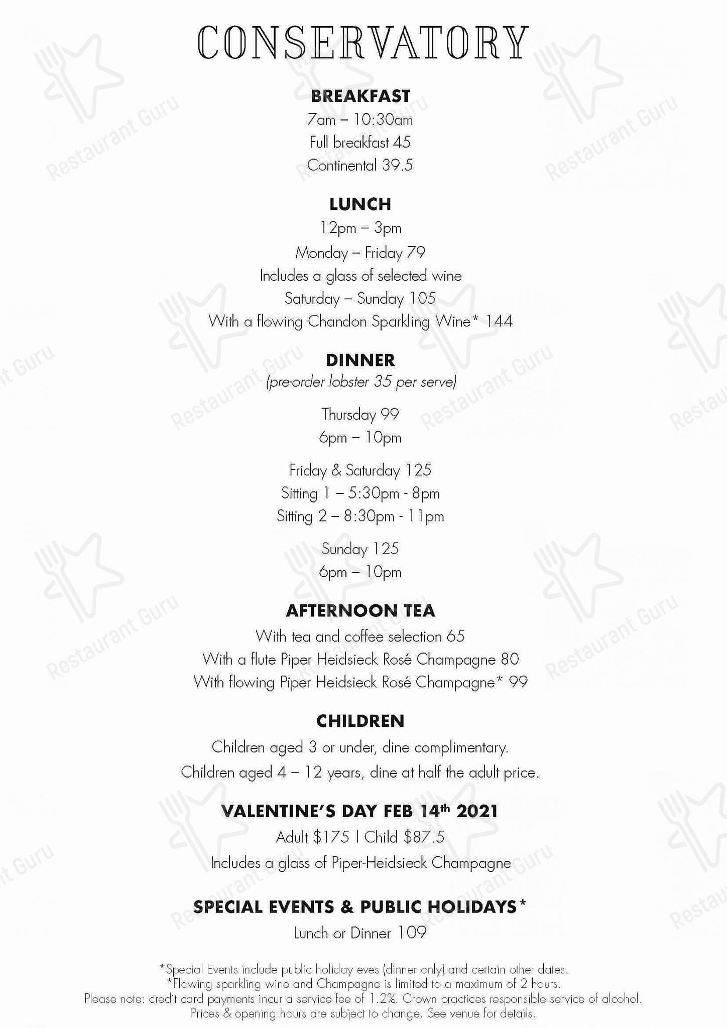 Menu at Conservatory restaurant, Southbank, Crown Melbourne