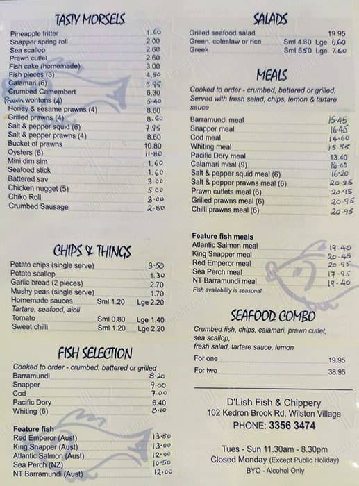 Menu at D'lish Fish and Chippery fast food, Wilston