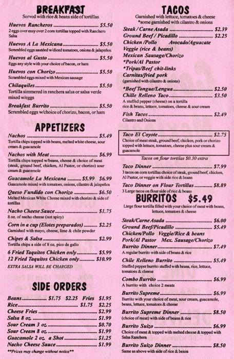 Menu at El Coyote Mexican Restaurant, Alsip