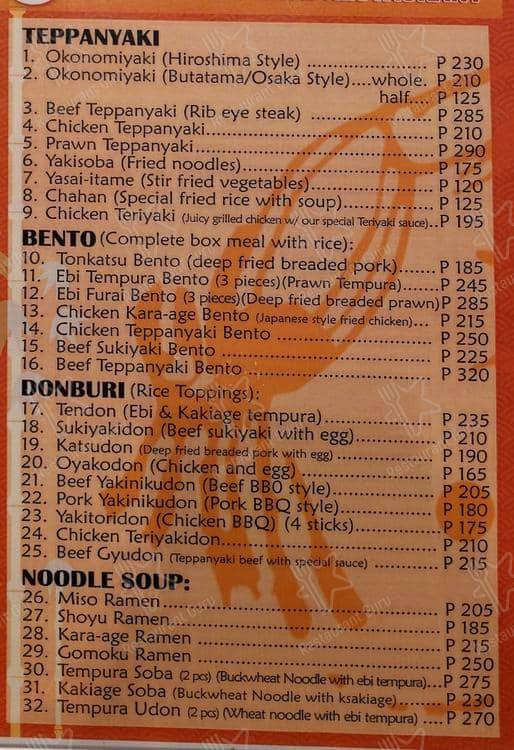 Menu at Fukuya Japanese Restaurant, Muntinlupa