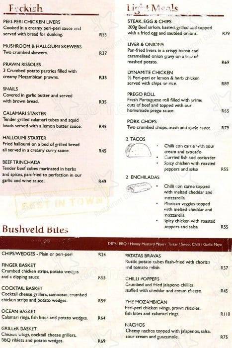 Menu at Jock Pub and Grill, Nelspruit