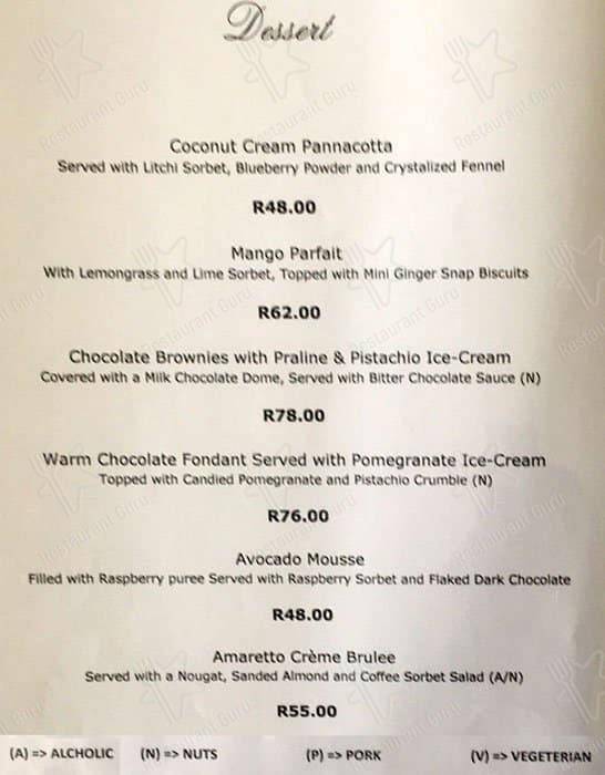 Menu at Krystal Restaurant, Cape Town, Faure Street