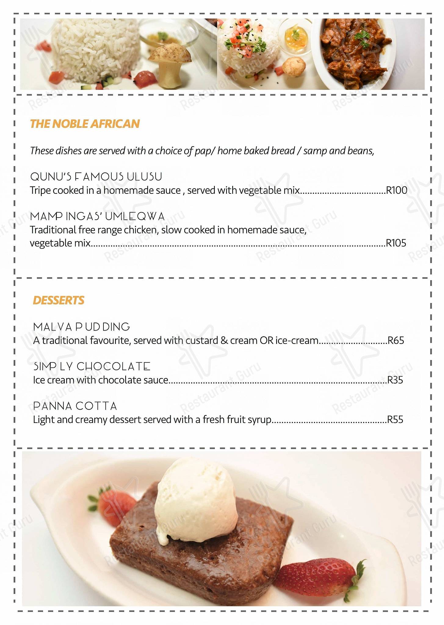 Menu at Noble on Long restaurant, Cape Town