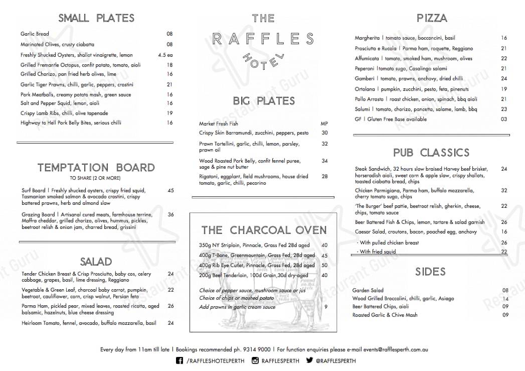 Menu at Raffles Hotel pub & bar, Applecross, 70-72 Canning Beach Rd