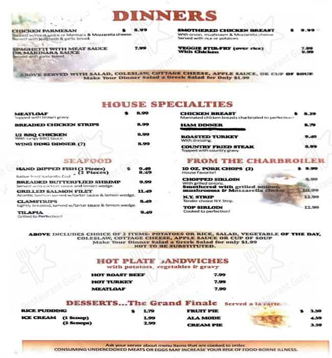 Menu at Saline Inn restaurant, Saline