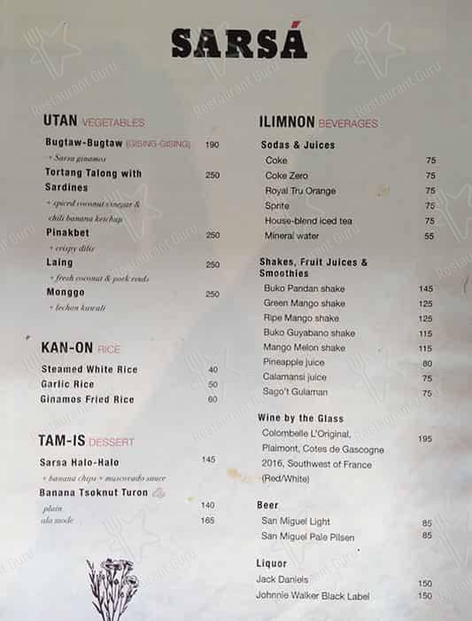 Carta de Sarsa Kitchen + Bar, Mandaluyong, Bldg A