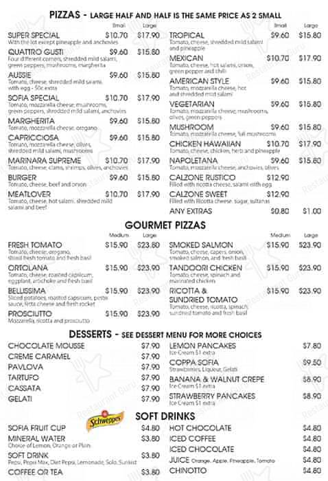 Menu at Sofia Camberwell fast food, Camberwell