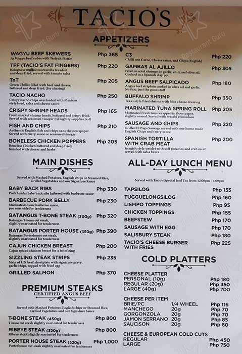 Menu at TACIO'S restaurant, Quezon City