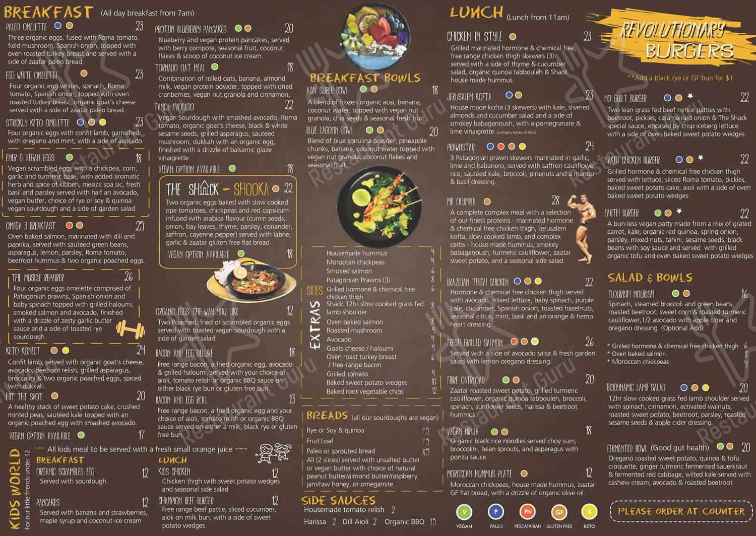 Carta del café The Shack Gymea, Gymea