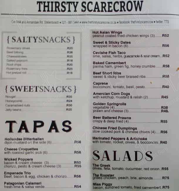 Menu at Thirsty Scarecrow pub & bar, Stellenbosch
