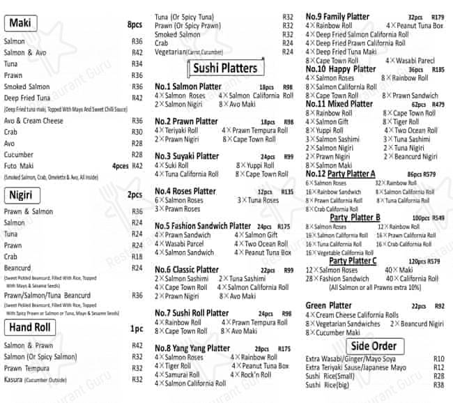 Menu at Yang Yang Chinese Restaurant & Sushi Bar, Cape Town