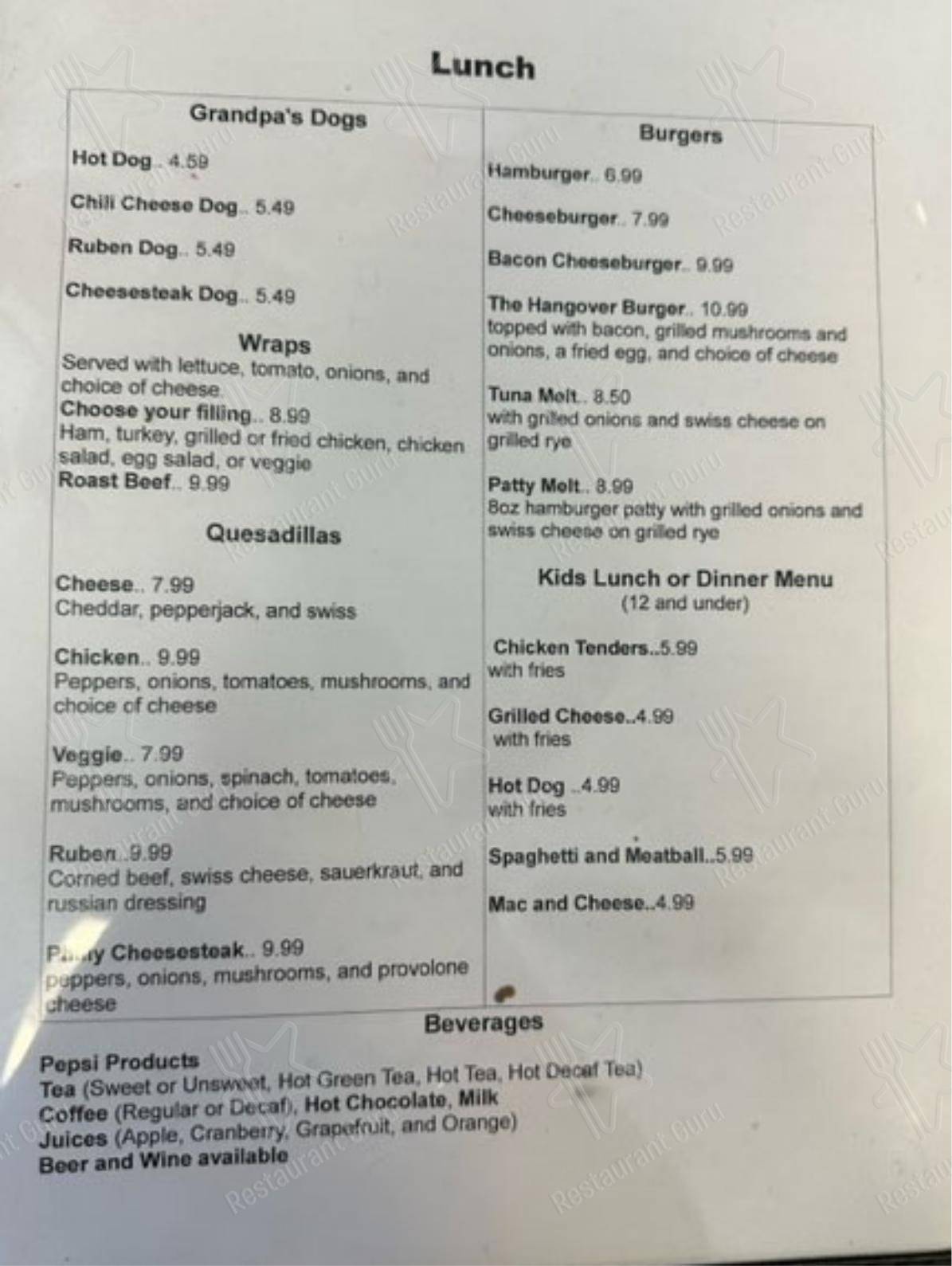 Menu at Grandpa's Diner restaurant, Port St. Lucie