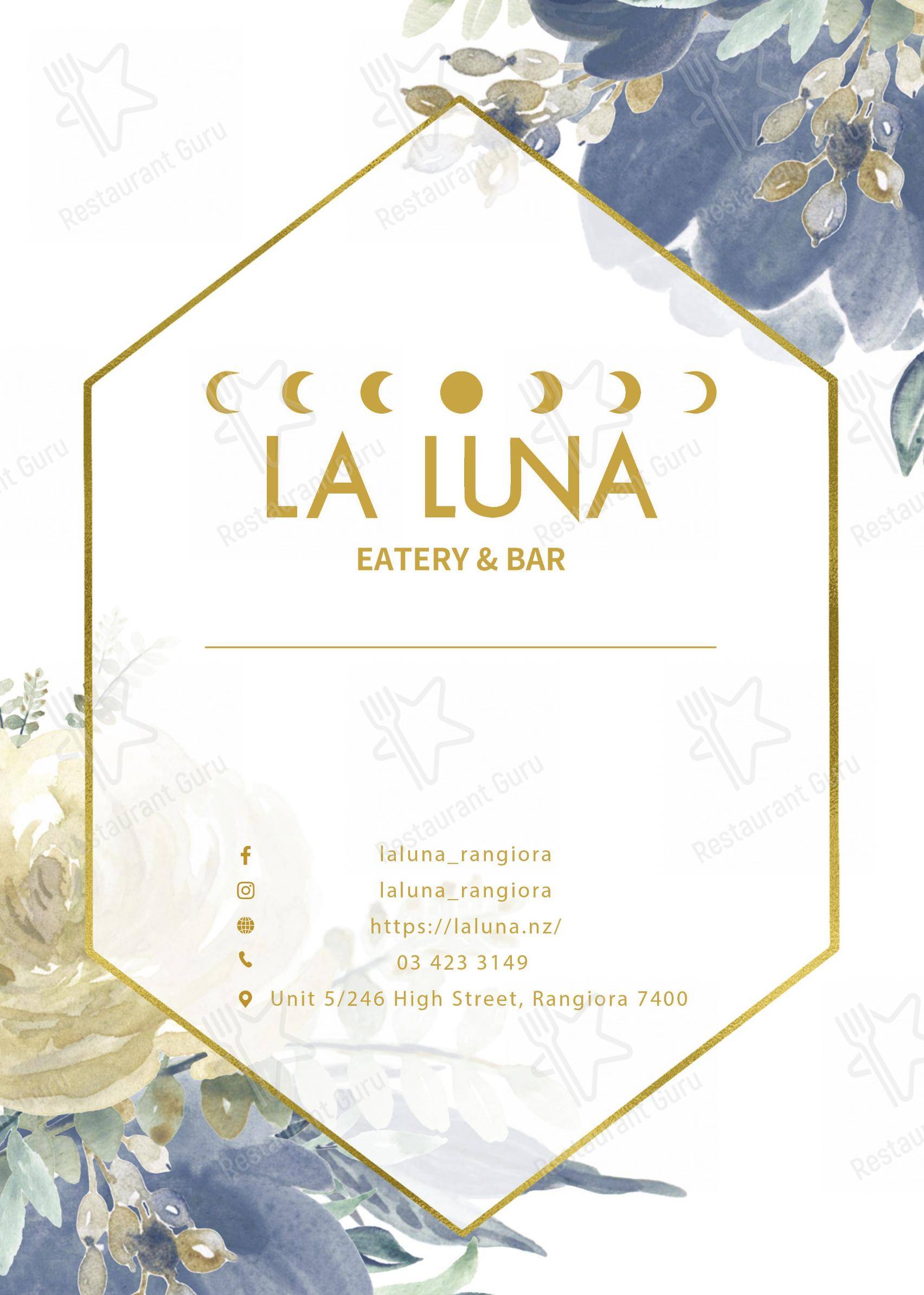 Menu at LA LUNA EATERY & BAR, Rangiora