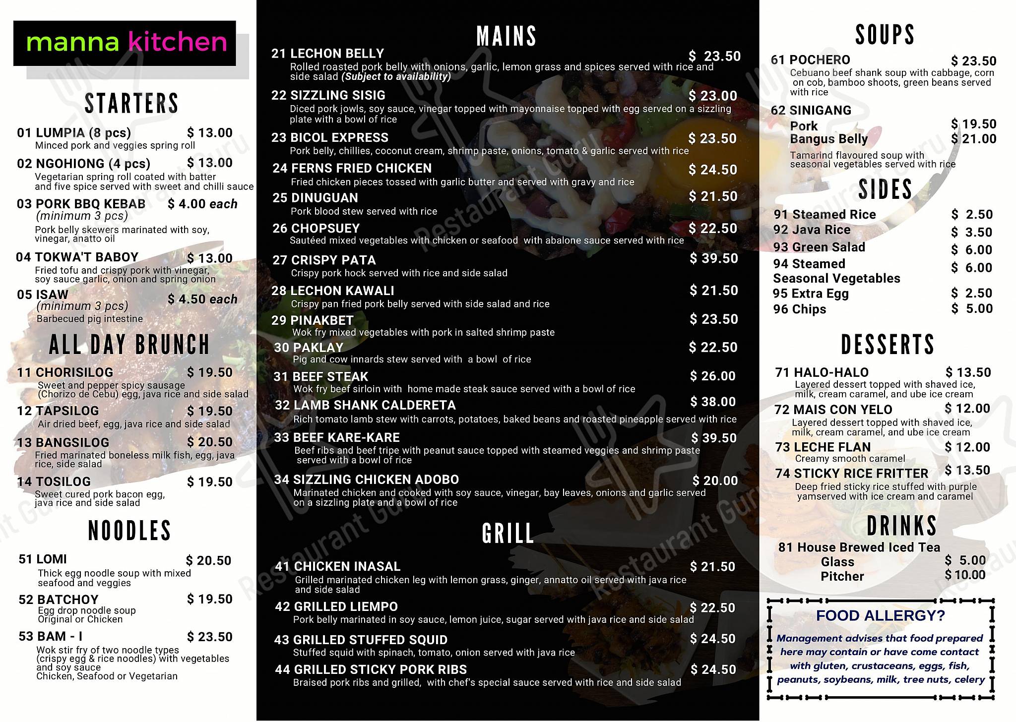 Menu at Manna Kitchen restaurant, Auckland, 244 Onehunga Mall