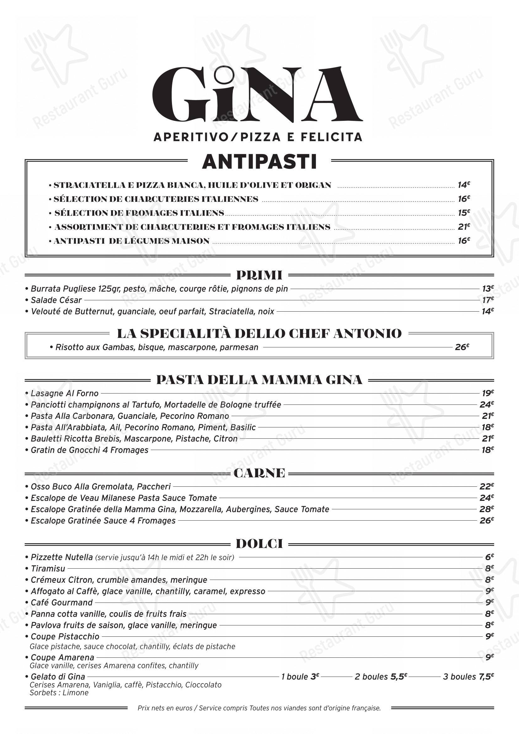 Menu at gina trattoria restaurant, La Tour-de-Salvagny
