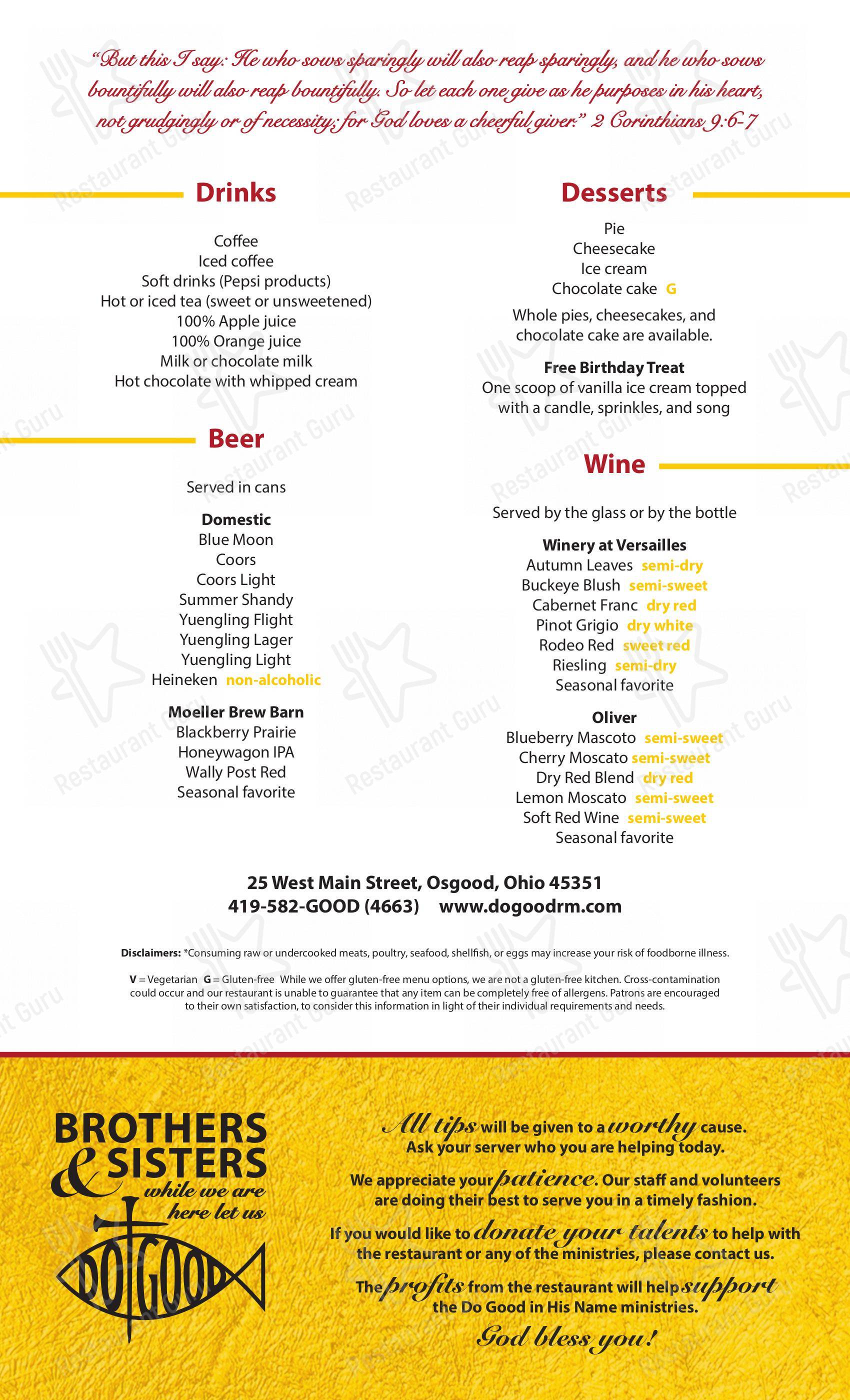 Menu at Do Good Restaurant and Ministry, Osgood, 25 Main St