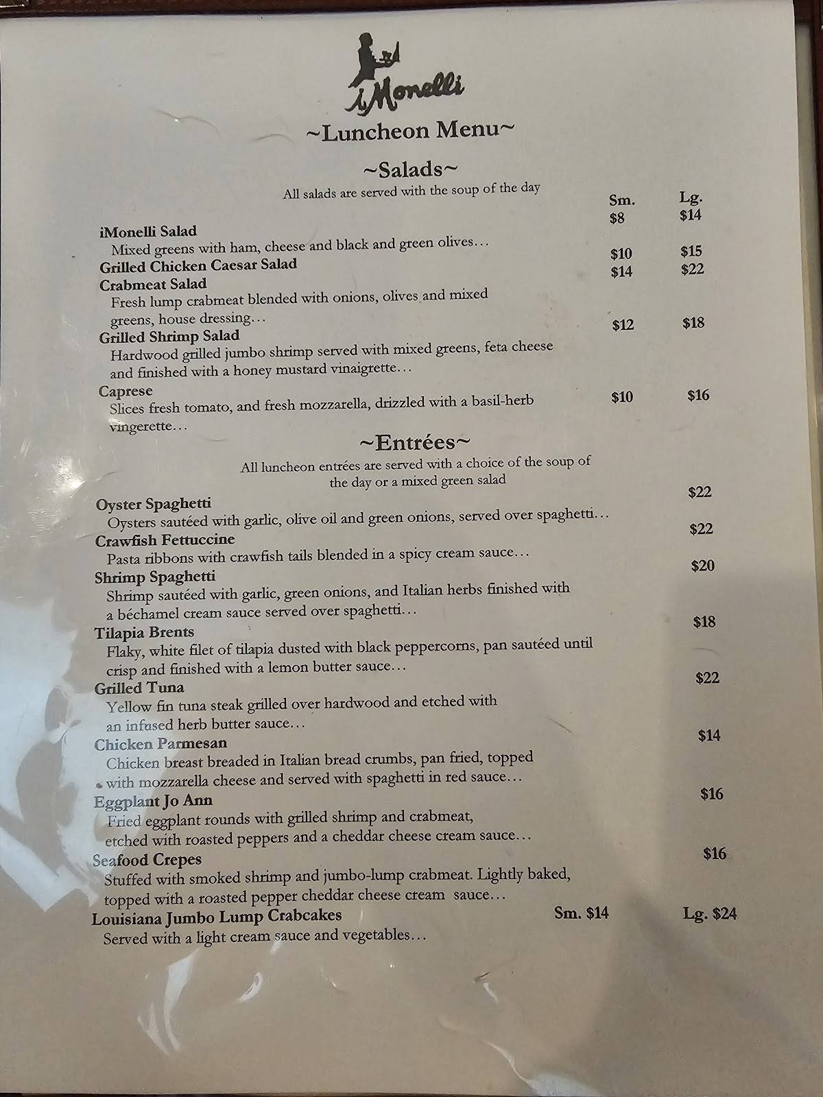 Menu at iMonelli Restaurant, Lafayette