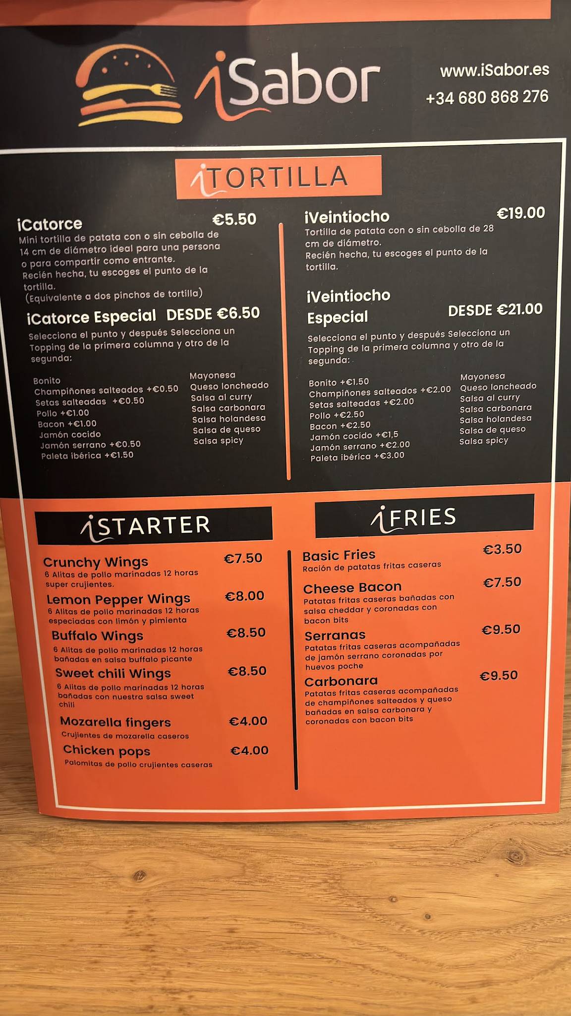 Carta del restaurante iSabor, Santander