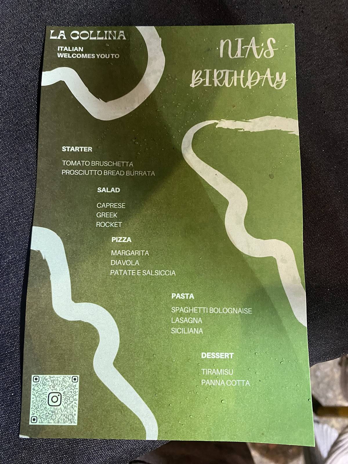 Menu at la collina italian restaurant, Bellevue Hill
