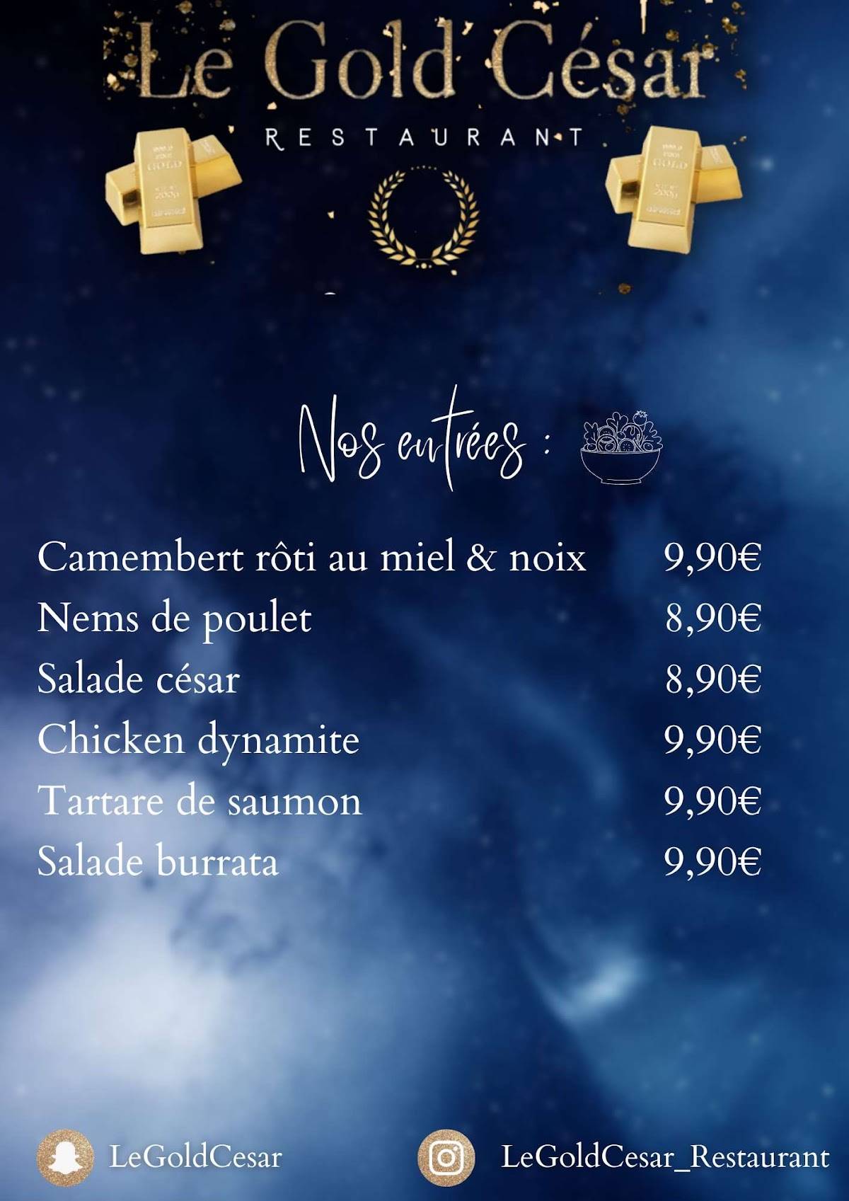 Menu au le gold cesar restaurant, Lens