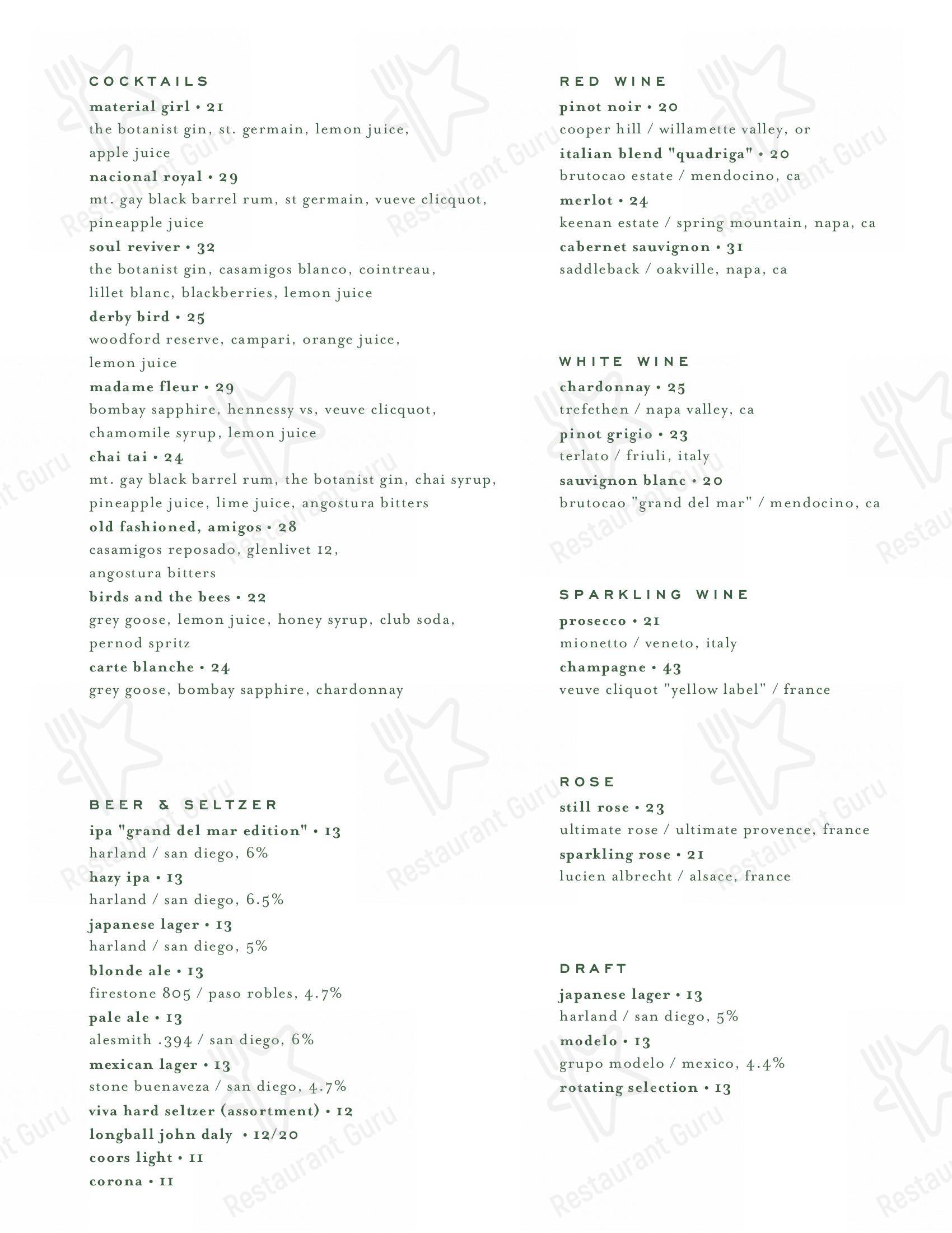 Menu at The Clubhouse Grill at Fairmont Grand Del Mar, San Diego