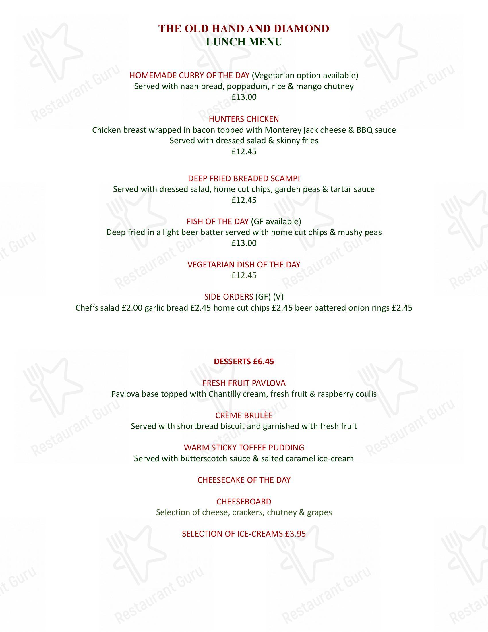 Menu at The Old Hand & Diamond Inn restaurant, Shrewsbury