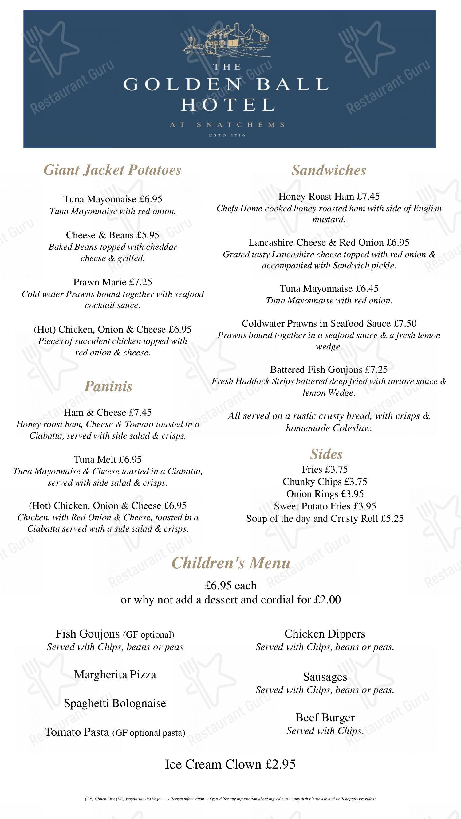 Menu at The Golden Ball at Snatchems pub & bar, Lancaster