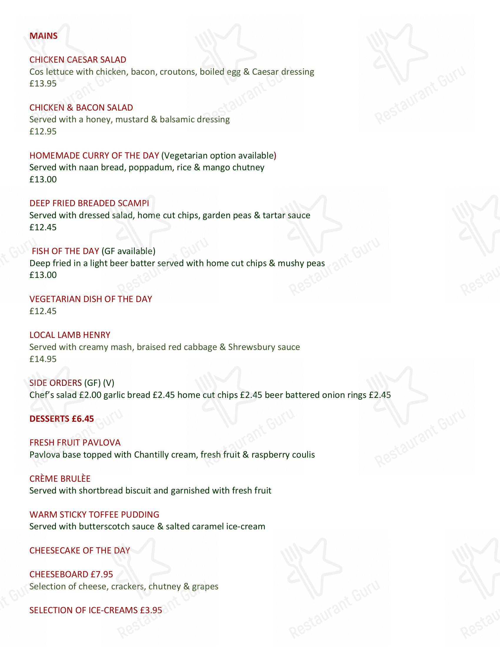 Menu at The Old Hand & Diamond Inn restaurant, Shrewsbury